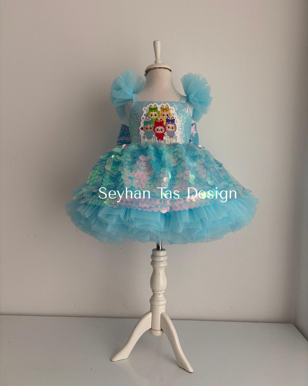 Labubu Inspired Sparkly Baby Dress, Sequin Blue Tulle Birthday Party ...
