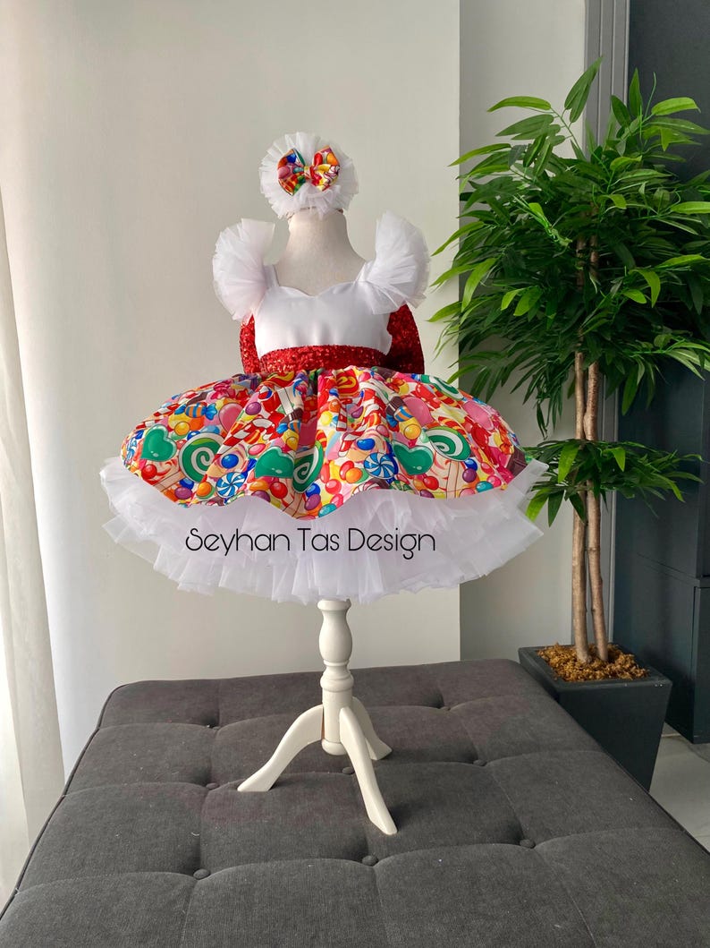 Candyland-themed Girl’s Dress – Colorful Candy Print, Puffy Tulle, and ...