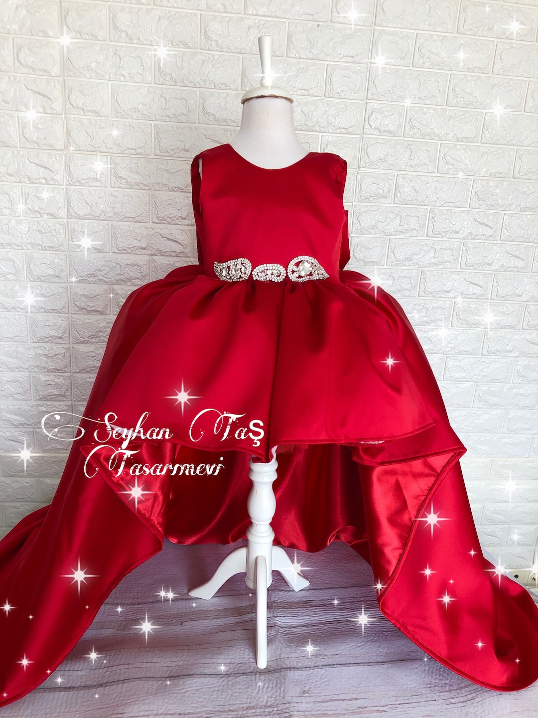 Red Satin Valentines Day Dress for Girls Elegant Gown With Train ...