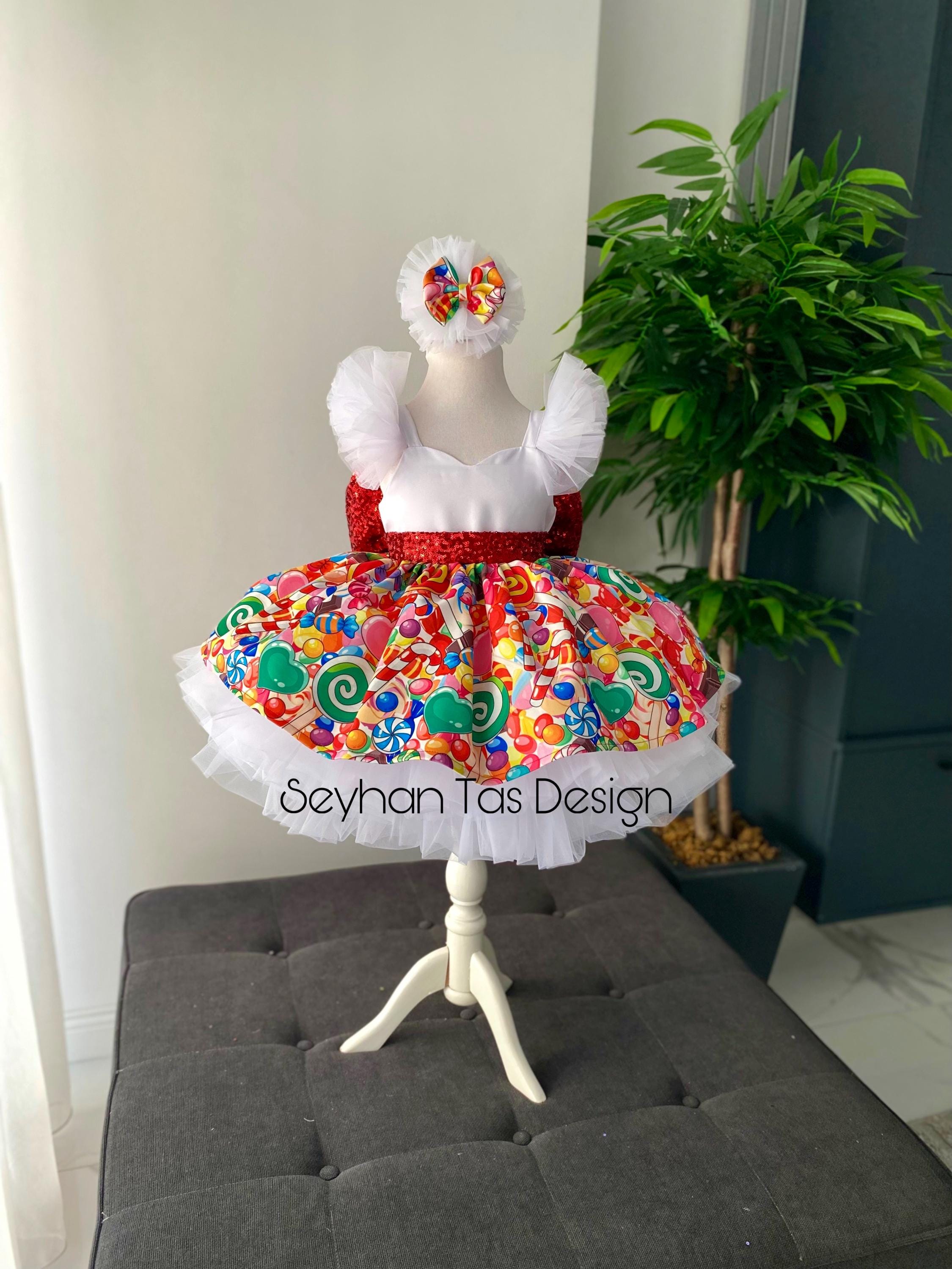 Candyland-themed Girl’s Dress – Colorful Candy Print, Puffy Tulle, and ...