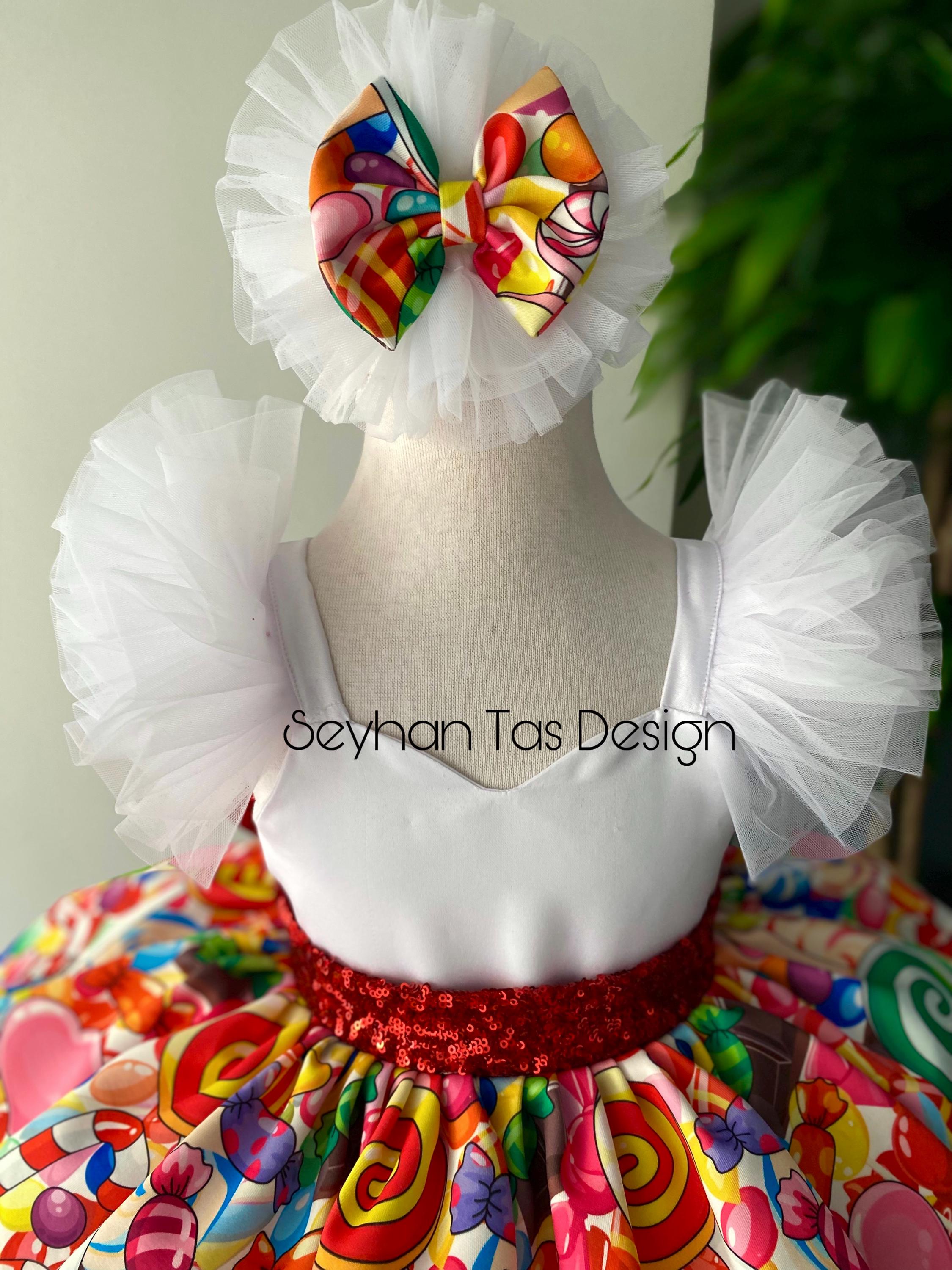 Candyland-themed Girl’s Dress – Colorful Candy Print, Puffy Tulle, and ...