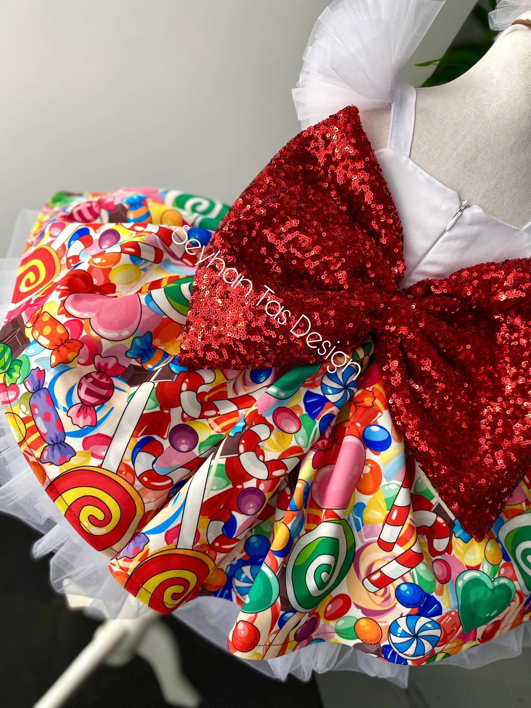 Candyland-themed Girl’s Dress – Colorful Candy Print, Puffy Tulle, and ...