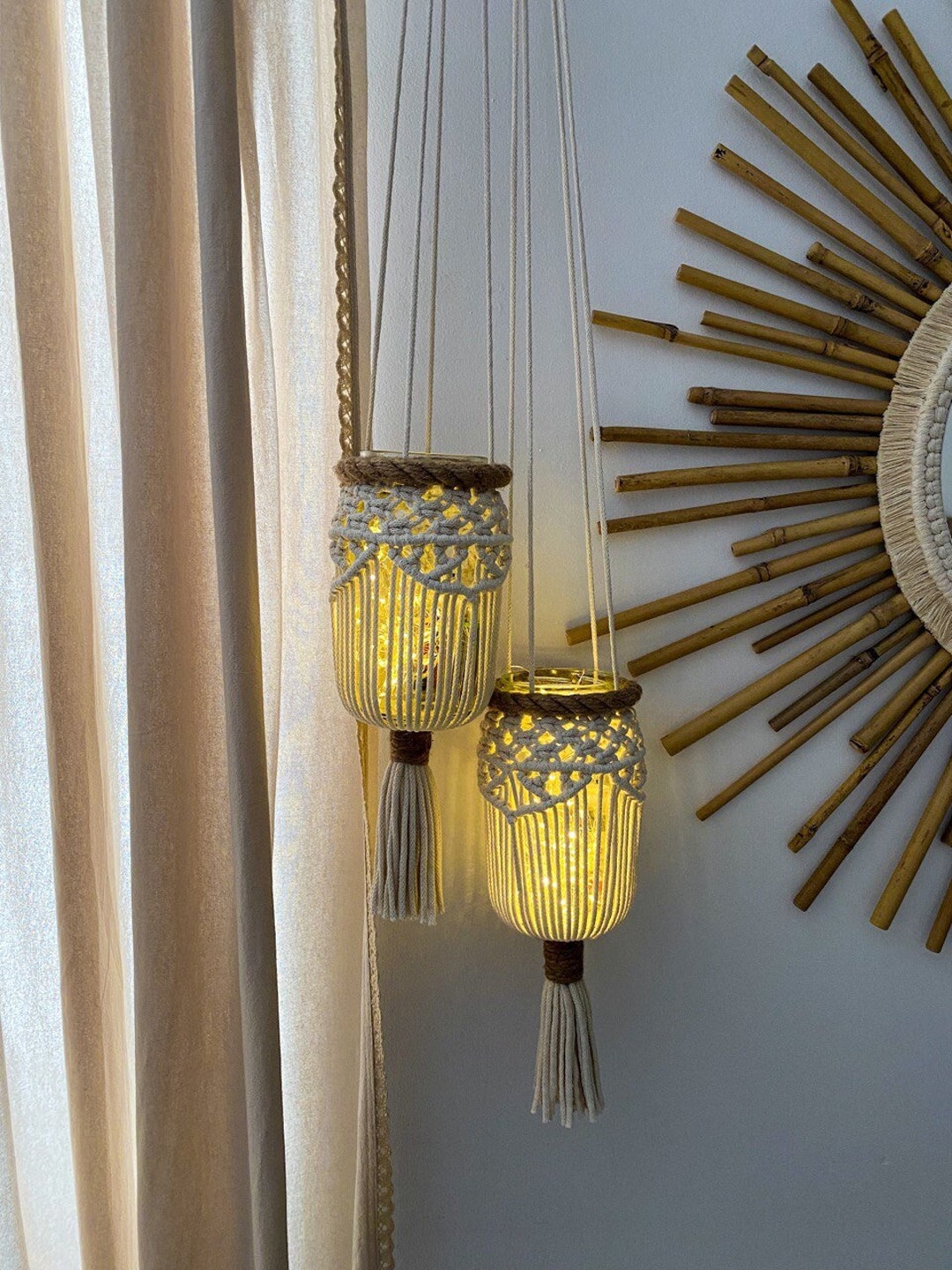 Macrame Hanging Lantern, Wedding Boho Decor, Woven Lantern, Balcony ...