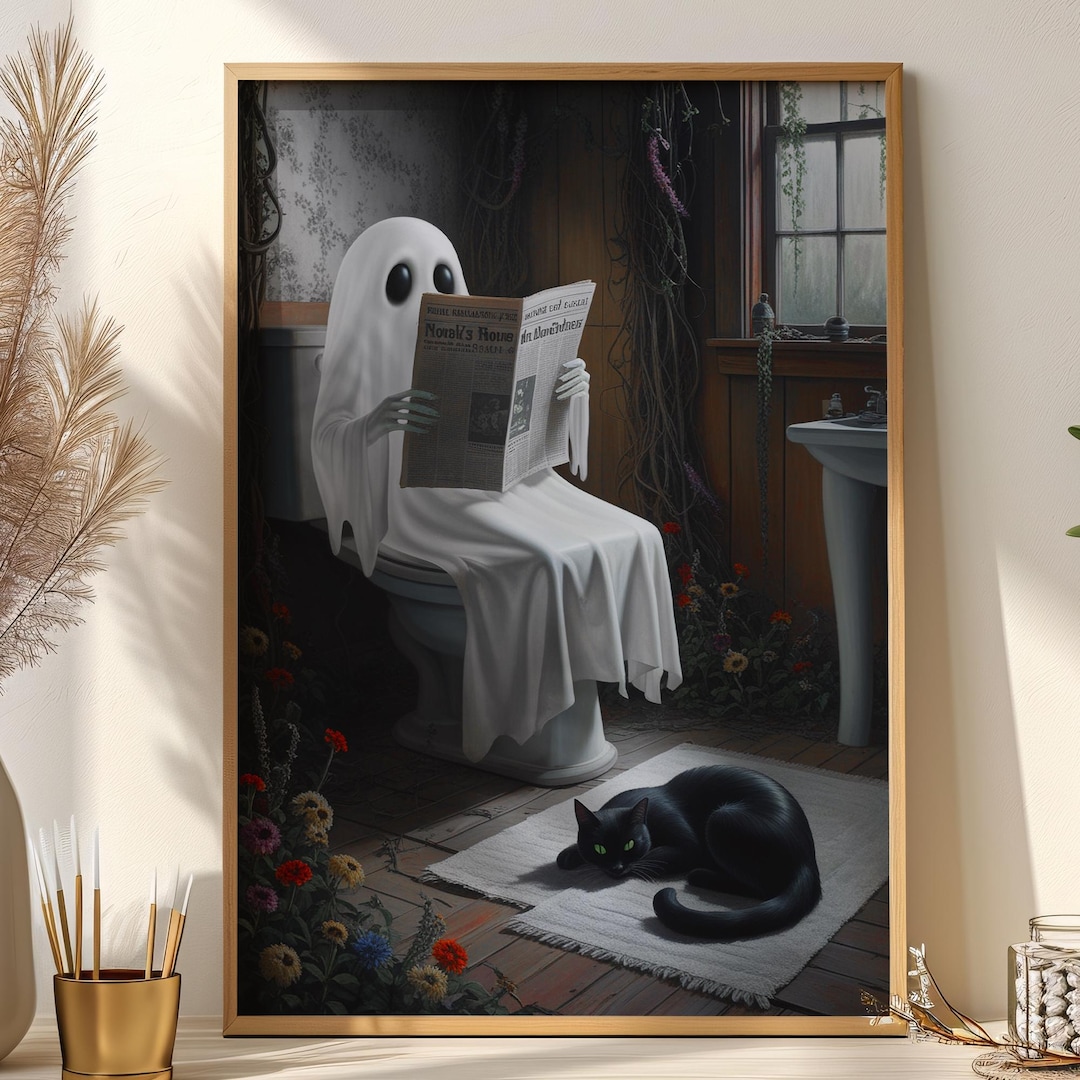 Cute Ghost Reading Newspaper Print, Ghost on Toilet Wall Art, Halloween ...