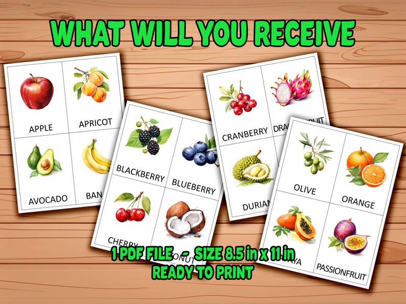 Fruit Flashcards 40 Montessori Cards Flash Cards Watercolor Fruits ...