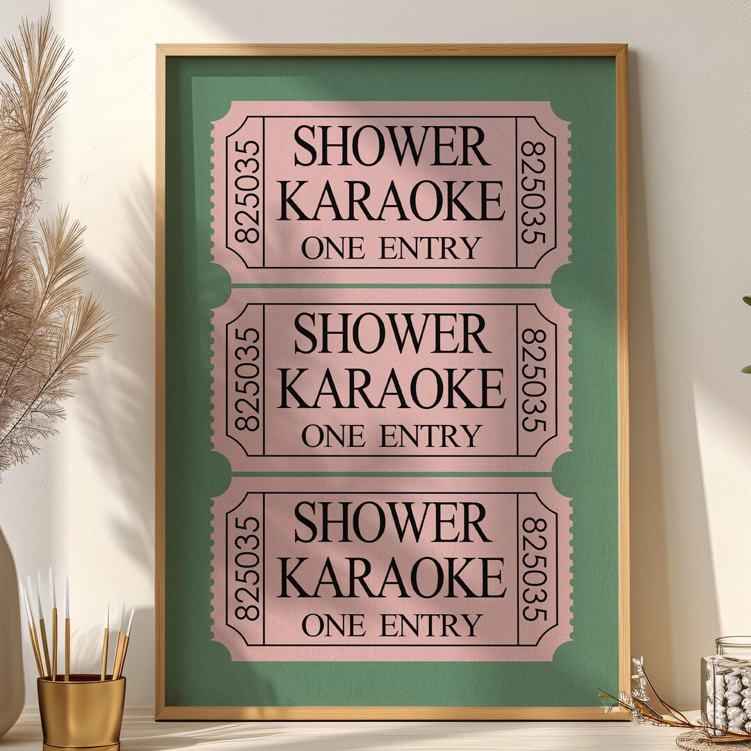 Shower Karaoke Ticket Print, Bathroom Retro Green Pink Aesthetic Shower ...