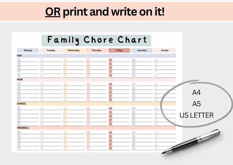 Editable Family Chore Chart for Kids Printable Daily Schedule Checklist ...