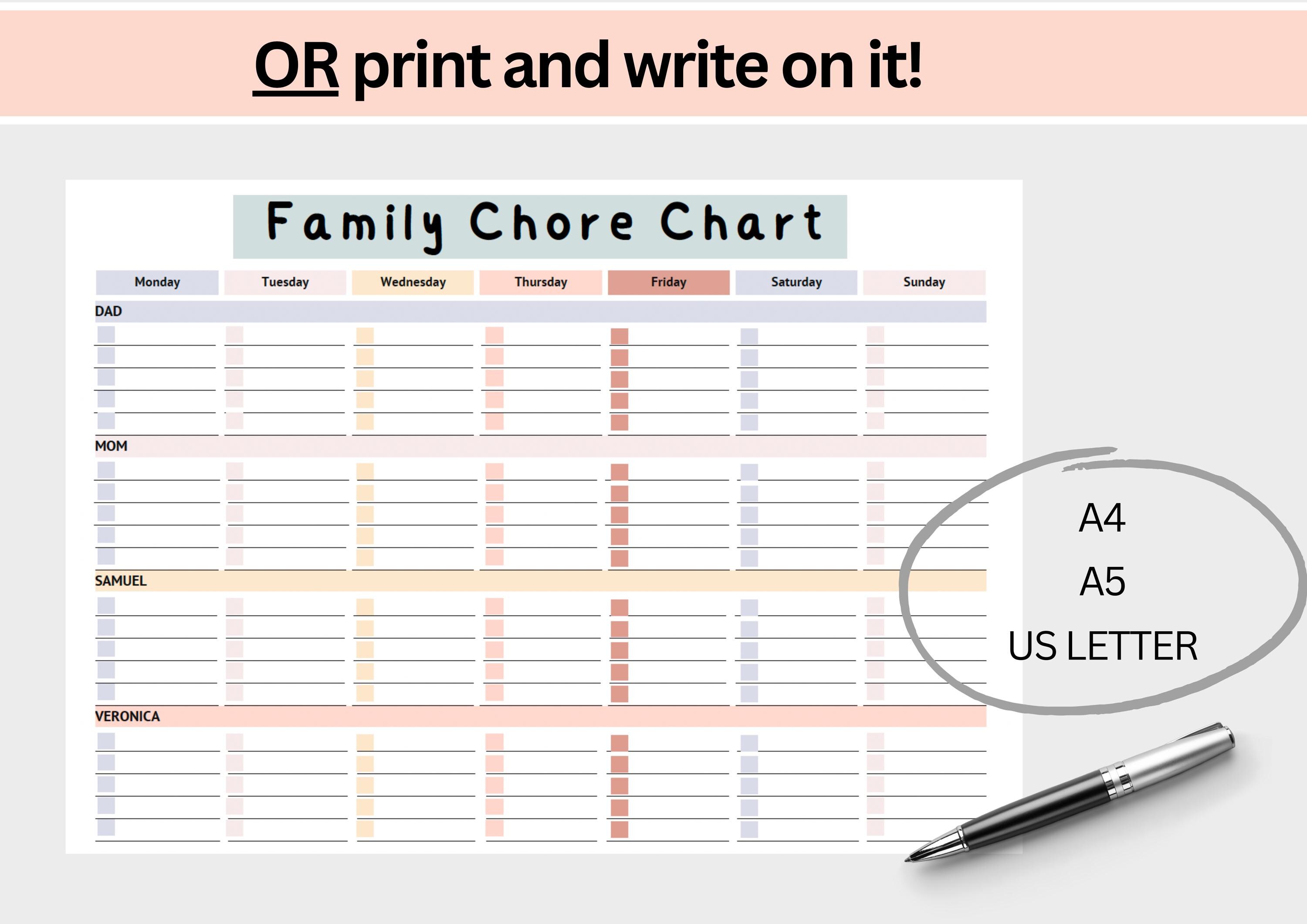 Editable Family Chore Chart for Kids Printable Daily Schedule Checklist ...