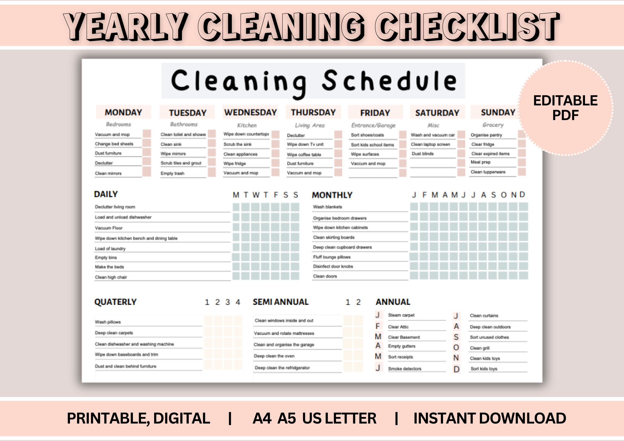 Editable Yearly Cleaning Schedule, Printable, Daily Checklist, To ...