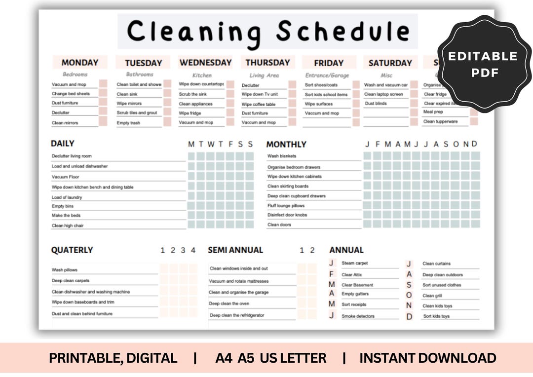 Editable Yearly Cleaning Schedule Printable, Daily Checklist To-dolist ...