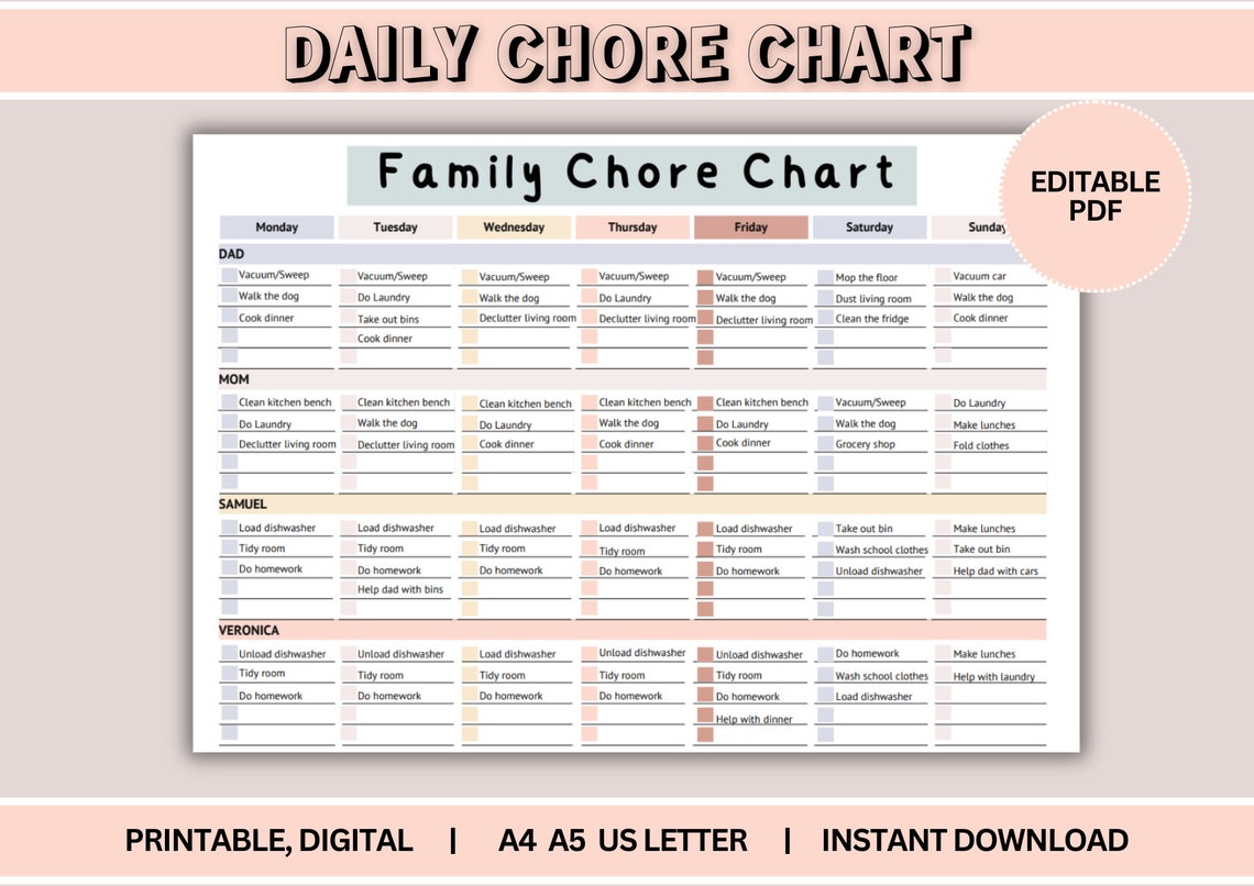 Editable Family Chore Chart for Kids, Printable, Kids Daily Schedule ...