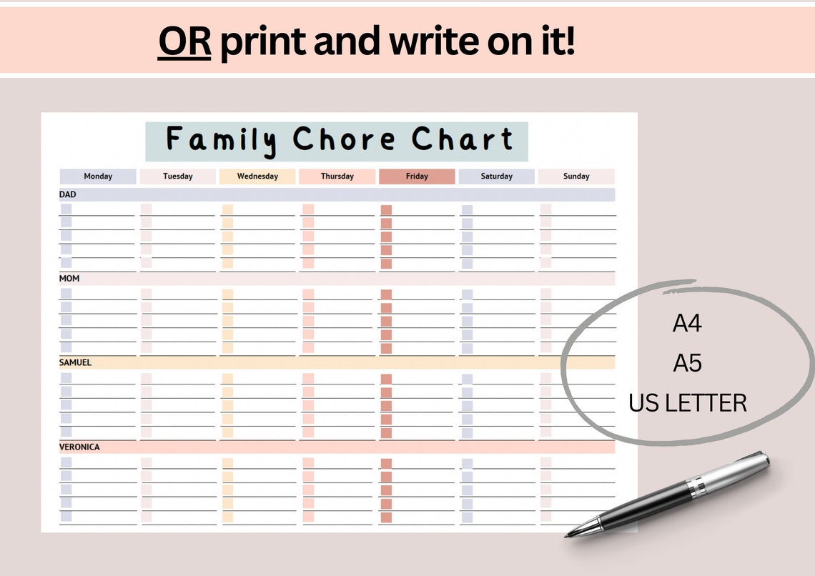 Editable Family Chore Chart for Kids, Printable, Kids Daily Schedule ...