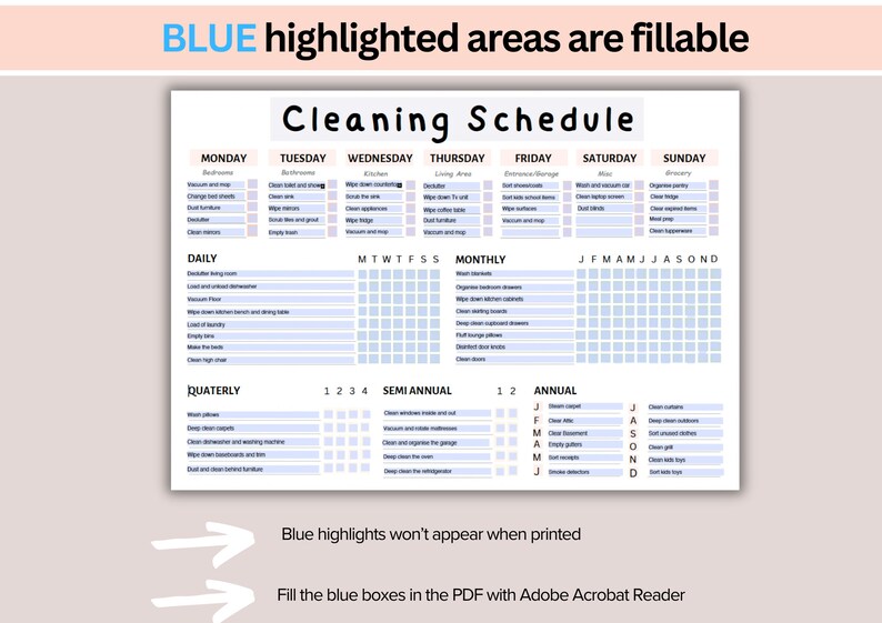 Editable Yearly Cleaning Schedule, Printable, Daily Checklist, To ...