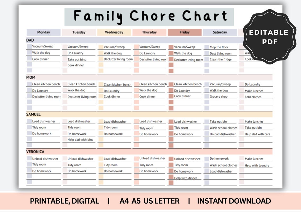 Editable Family Chore Chart for Kids Printable Daily Schedule Checklist ...