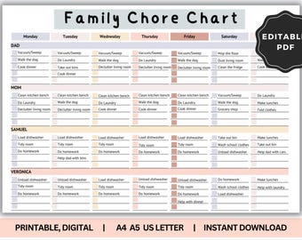 Editable Family Chore Chart for Kids Printable Daily Schedule Checklist ...