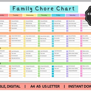 Editable Family Chore Chart for Kids Printable Daily Schedule Checklist ...