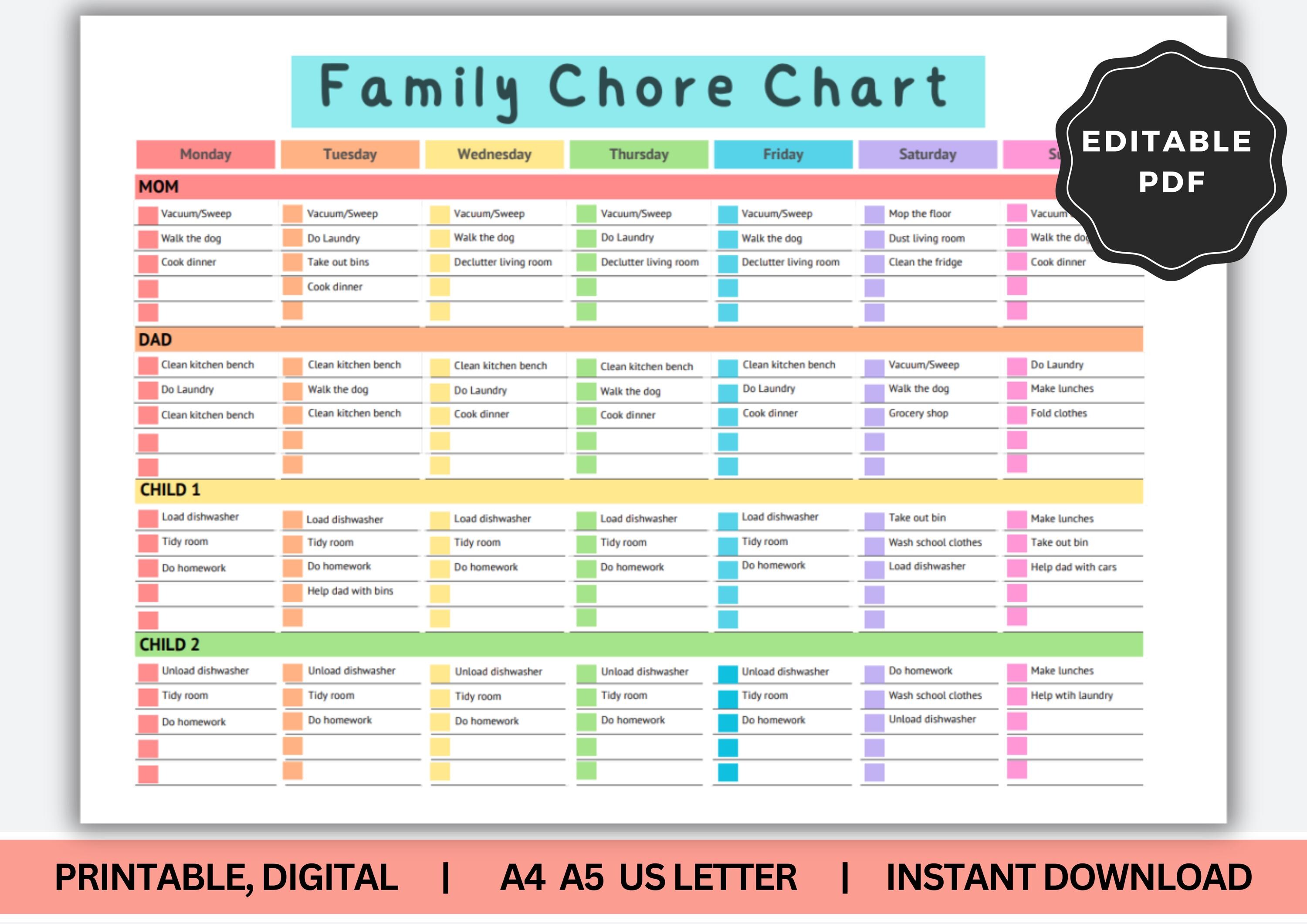 Editable Family Chore Chart for Kids Printable Daily Schedule Checklist ...