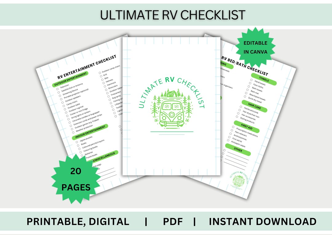 RV Printable Checklists GREEN, RV Planning , Camping Planning Checklist ...