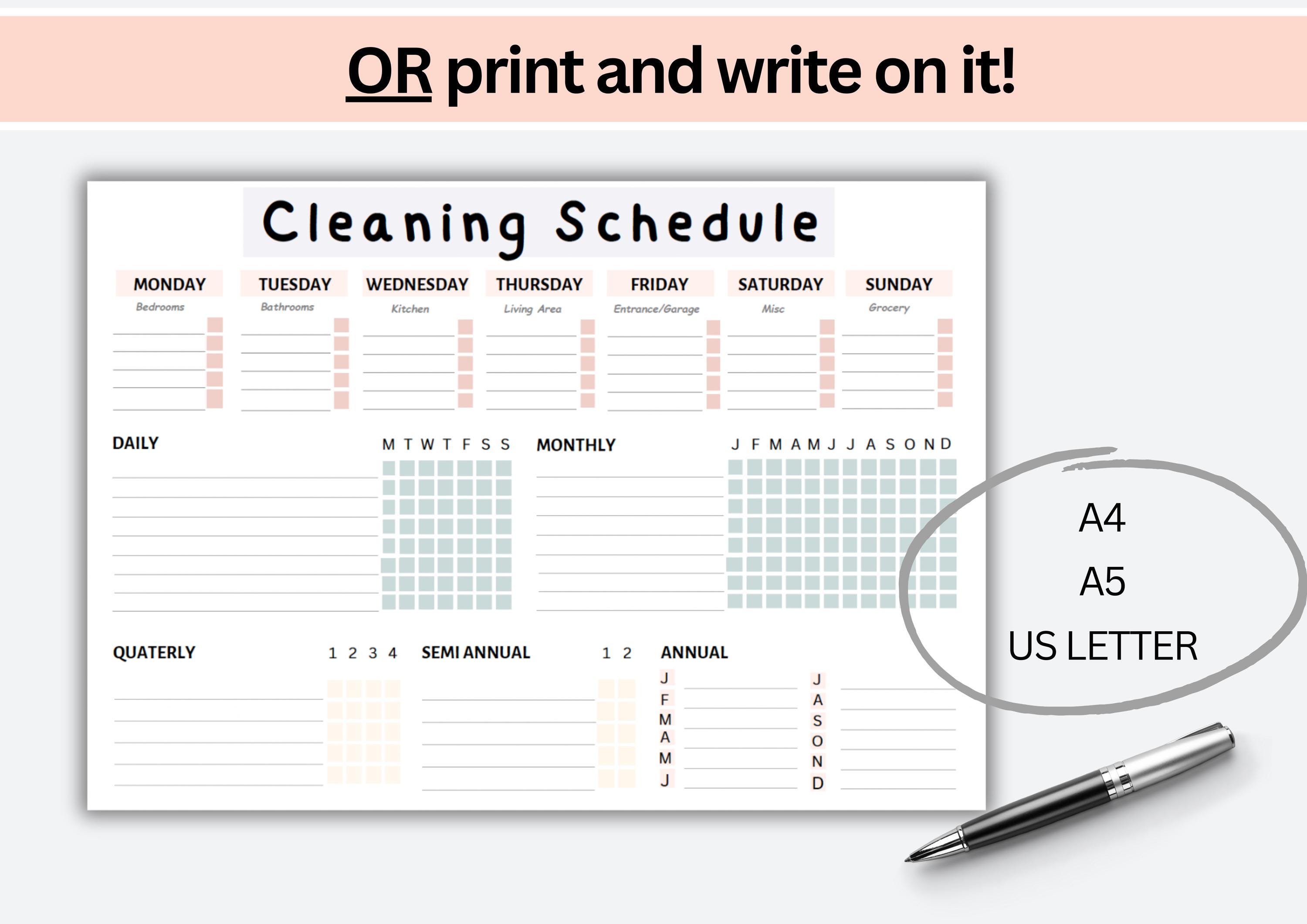 Editable Yearly Cleaning Schedule | Printable, Daily Checklist | To ...