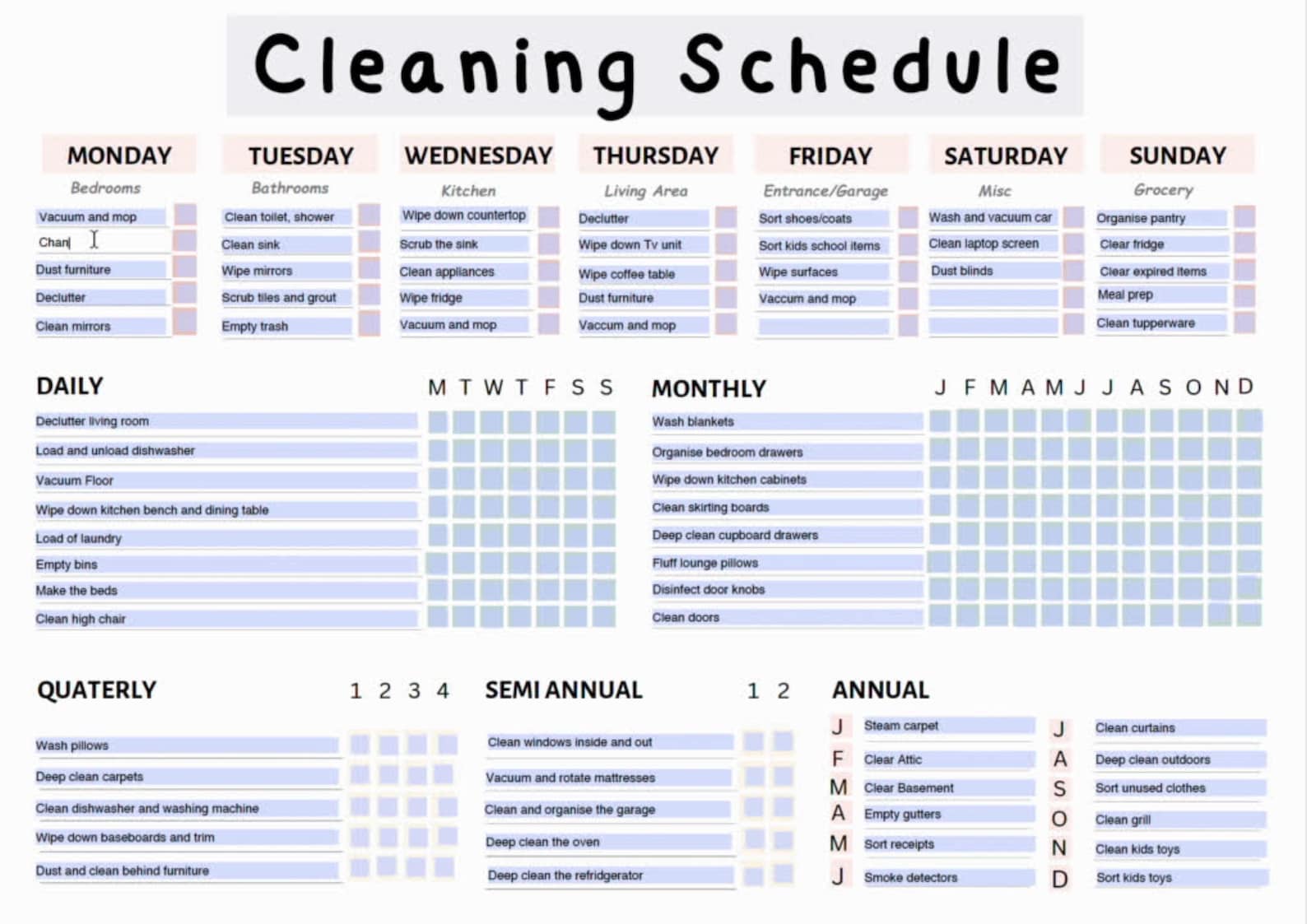 Editable Yearly Cleaning Schedule Printable, Daily Checklist To-dolist ...
