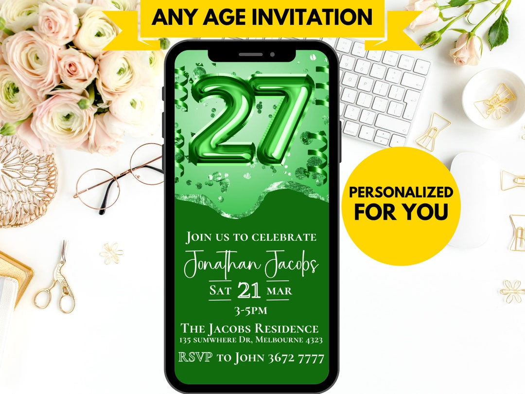 27th Digital Birthday Invitation Any Age Personalized for You Green ...