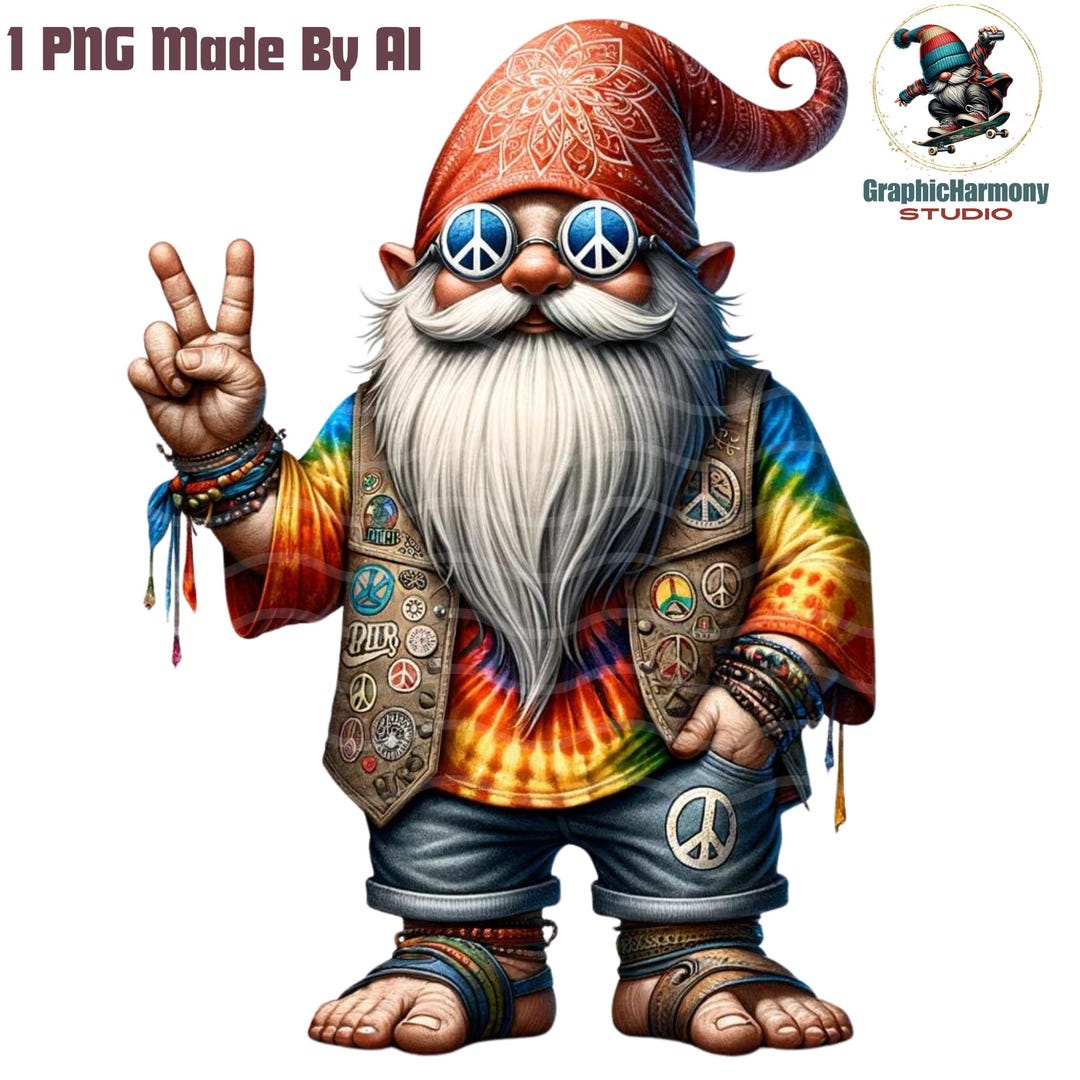 Hippie Gnome PNG, Tie Dye Peace Clipart, Boho Gnome Sublimation, Retro ...