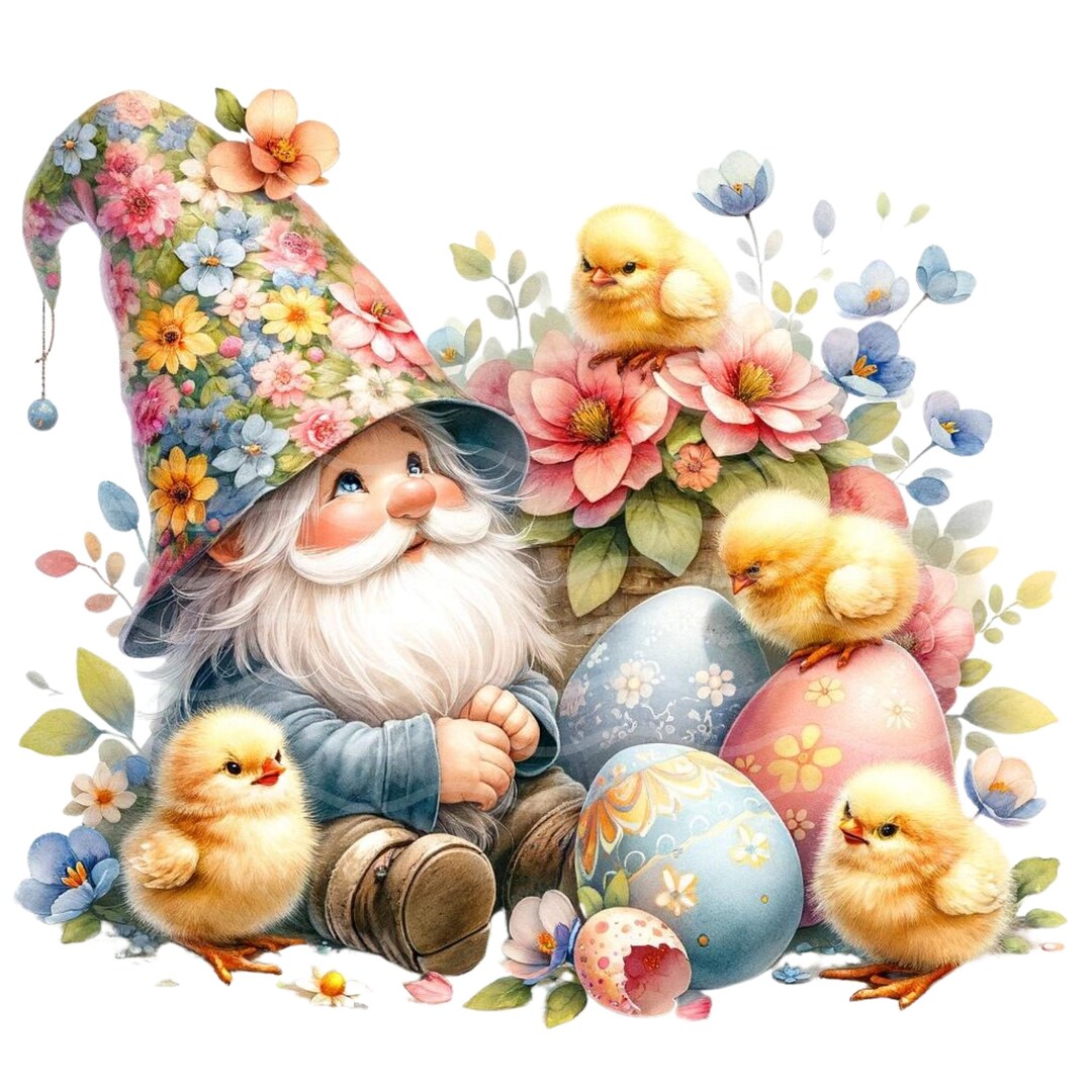 Floral Easter Gnome With Chicks Digital Clipart - Delightful Spring ...