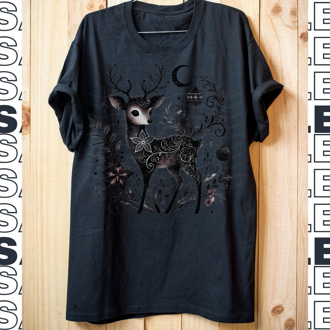 Enchanted Gothic Deer Art - Mystical Black Floral Reindeer Illustration ...