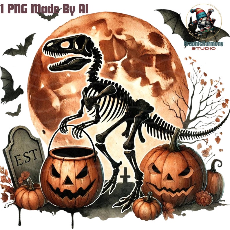 Dinosaur Skeleton Halloween PNG, Dino Trick or Treat Fall Decor, Spooky ...