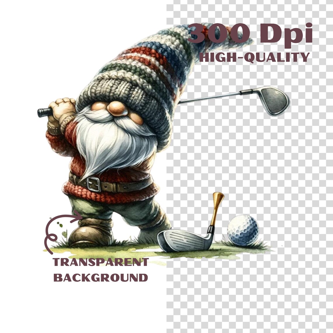 Whimsical Golfing Gnome Clipart - Digital Download, Golf Gnome PNG ...