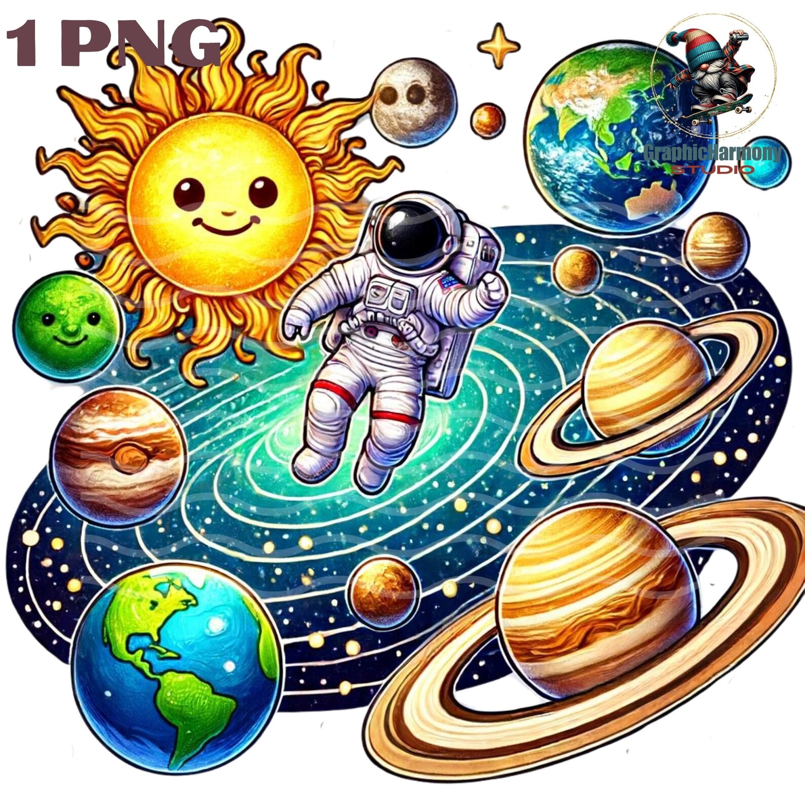 Cute Space Astronaut and Planets Illustration - Outer Space PNG Digital ...