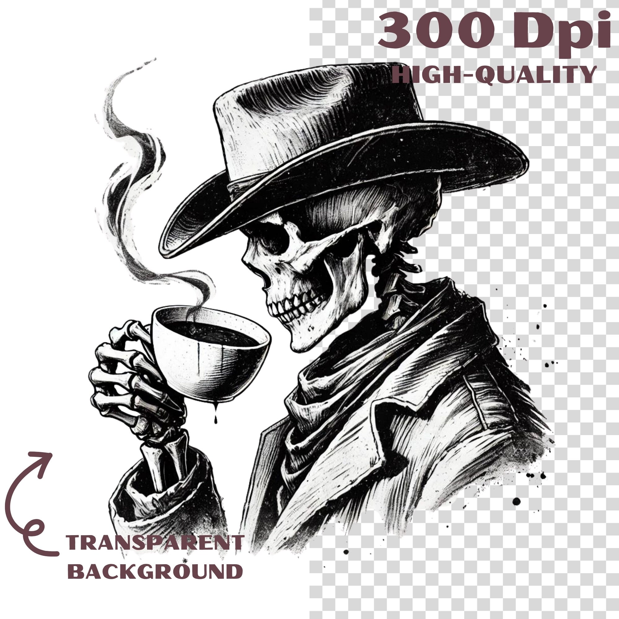Skeleton Drinking Coffee PNG | Western Skull Clipart | Gothic Cowboy ...