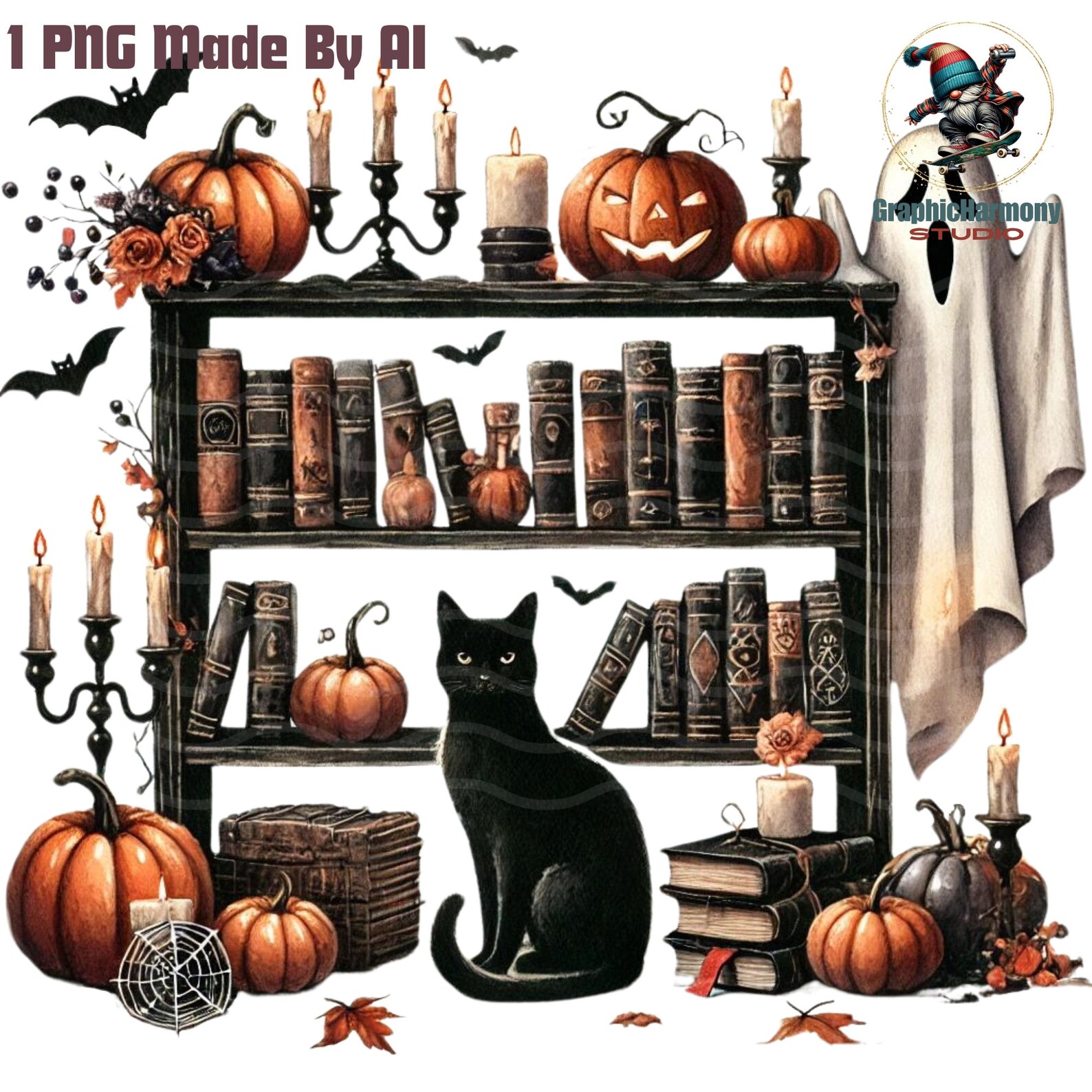 Fall Halloween Bookshelf PNG, Black Cat With Pumpkins, Ghost and ...