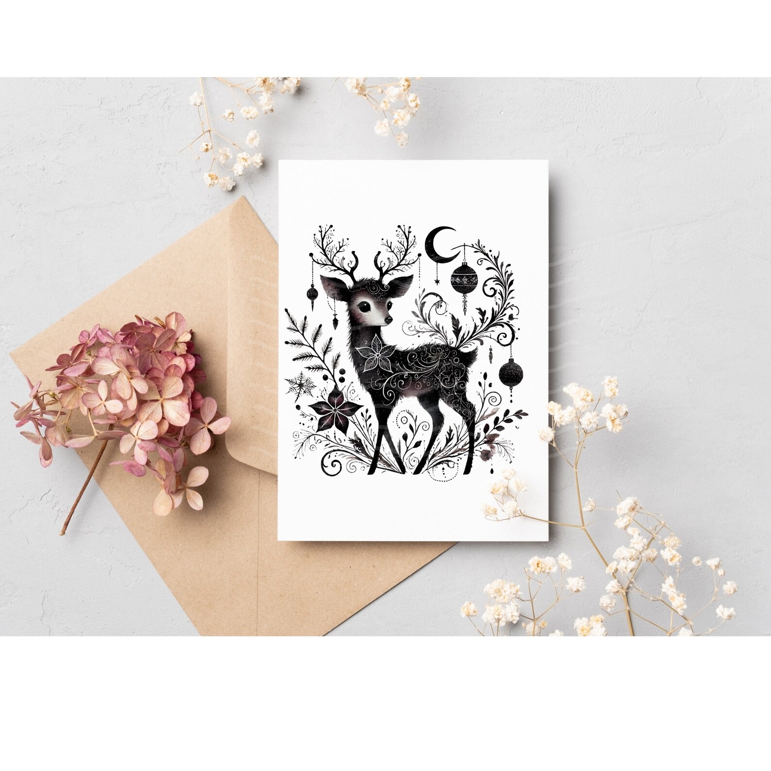 Enchanted Gothic Deer Art - Mystical Black Floral Reindeer Illustration ...