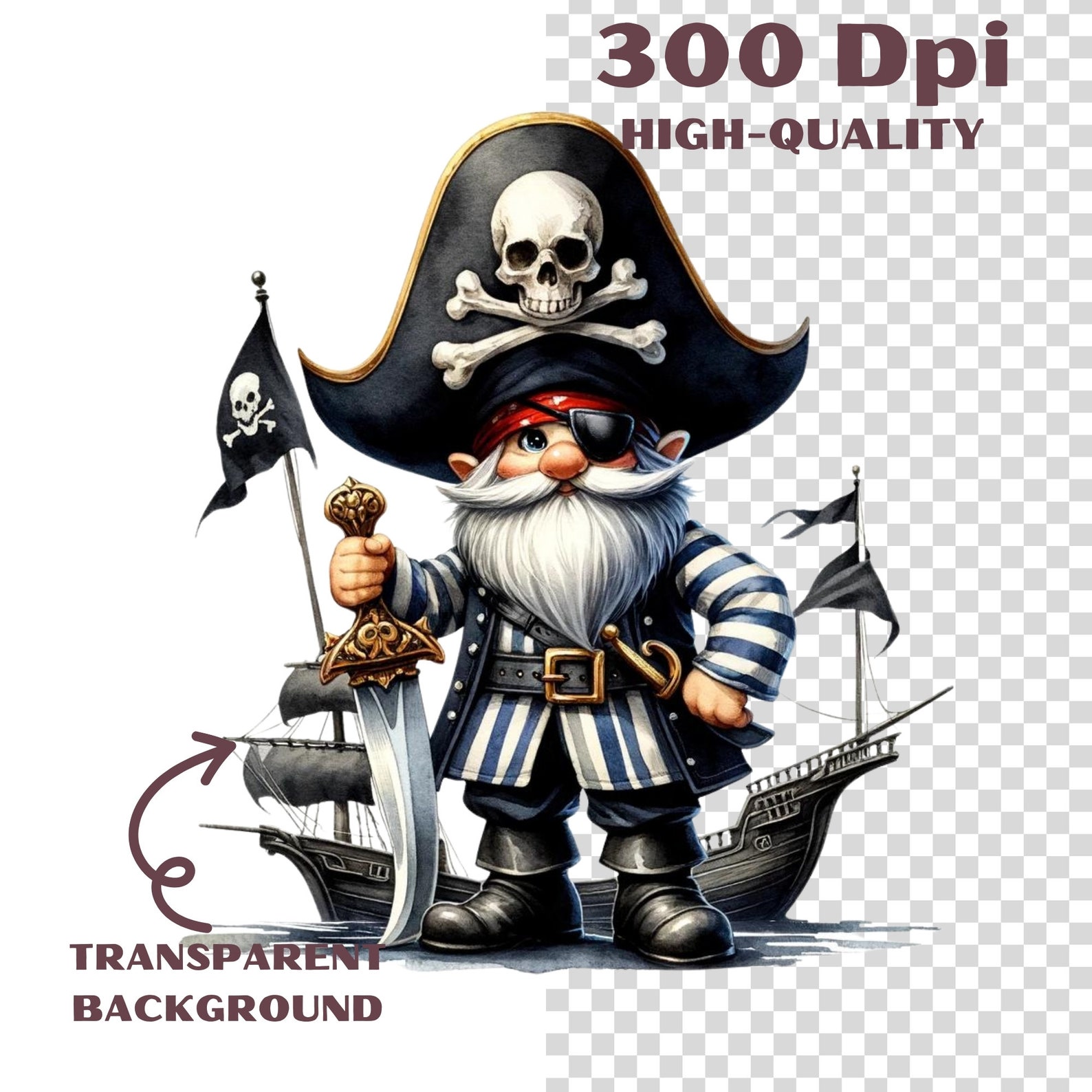 Adventurous Pirate Gnome Digital Clipart High Seas Elf PNG Kids Nautical Party Decor Captain ...