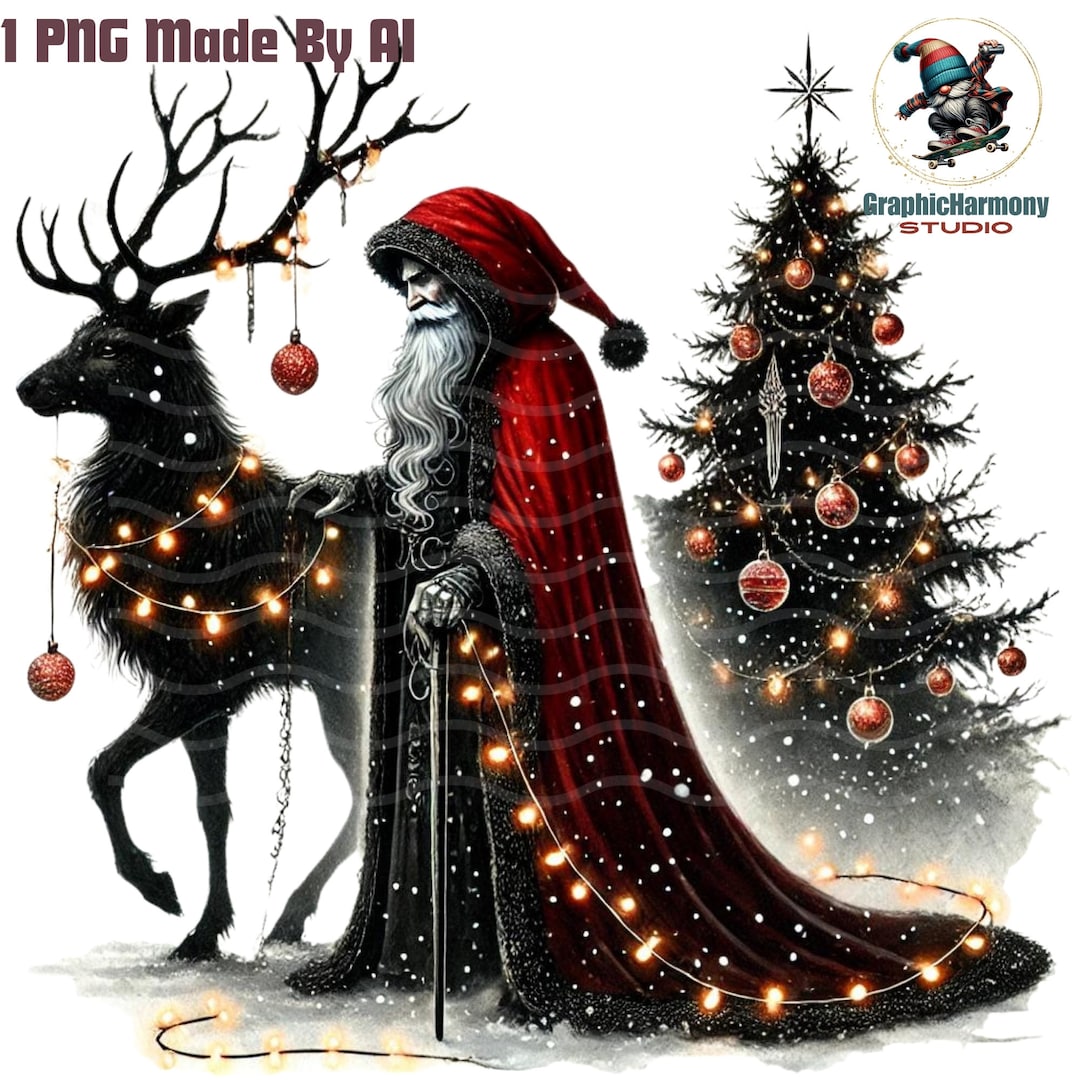 Gothic Santa With Reindeer PNG Melancholic Christmas Art Dark Holiday ...