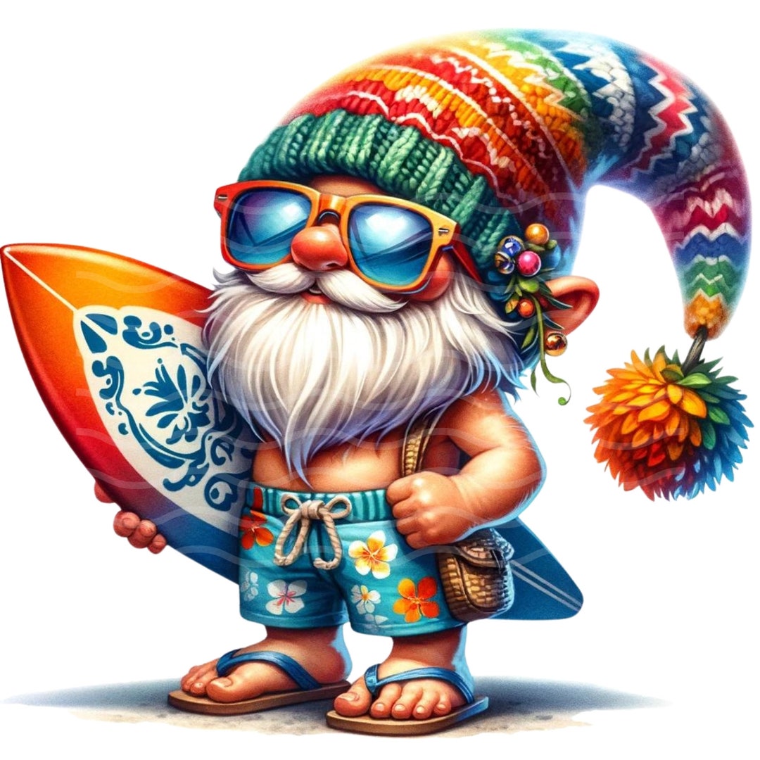 Beach Bum Gnome Clipart Summer Fun PNG, Surfing Gnome Illustration ...