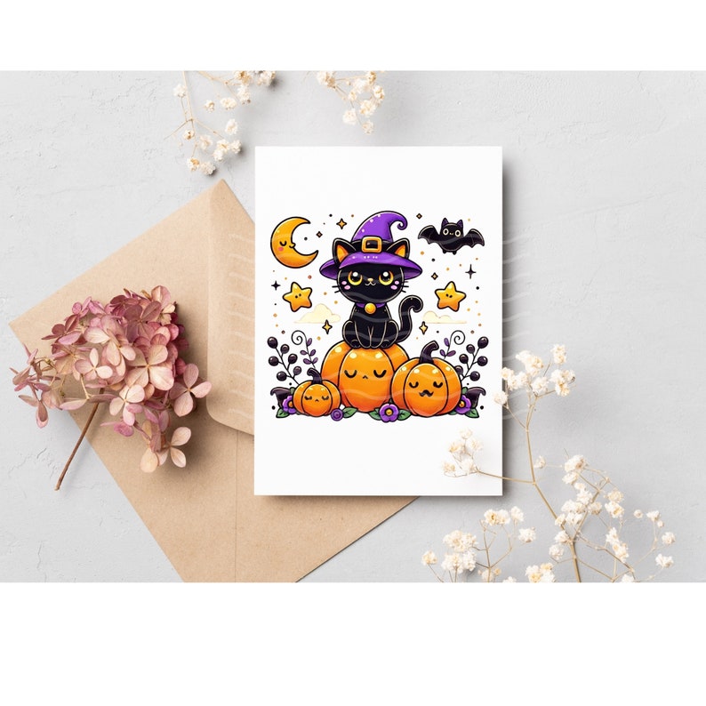 Cute Halloween Black Cat PNG - Kawaii Witch Cat on Pumpkins - Digital ...