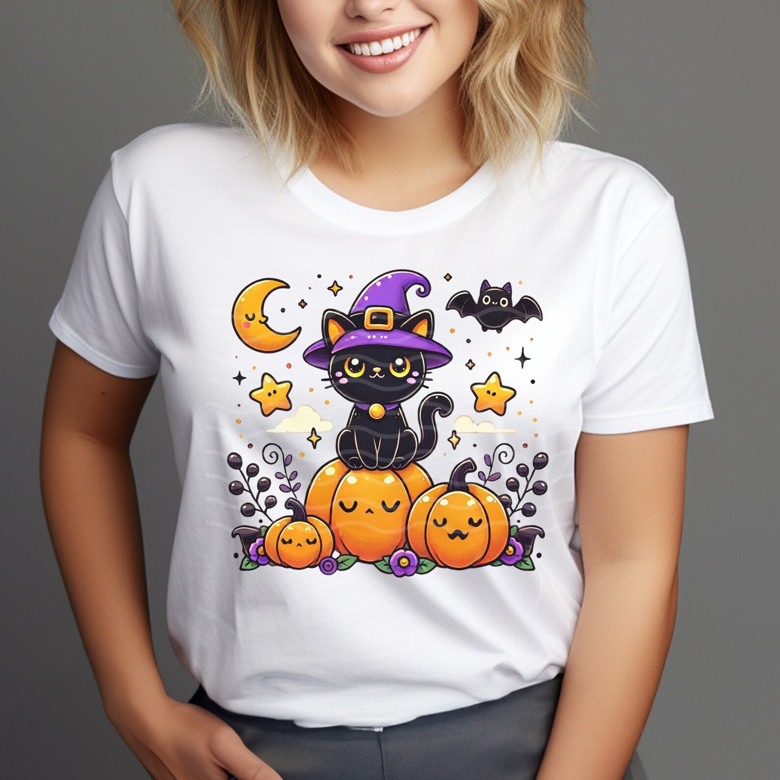 Cute Halloween Black Cat PNG - Kawaii Witch Cat on Pumpkins - Digital ...