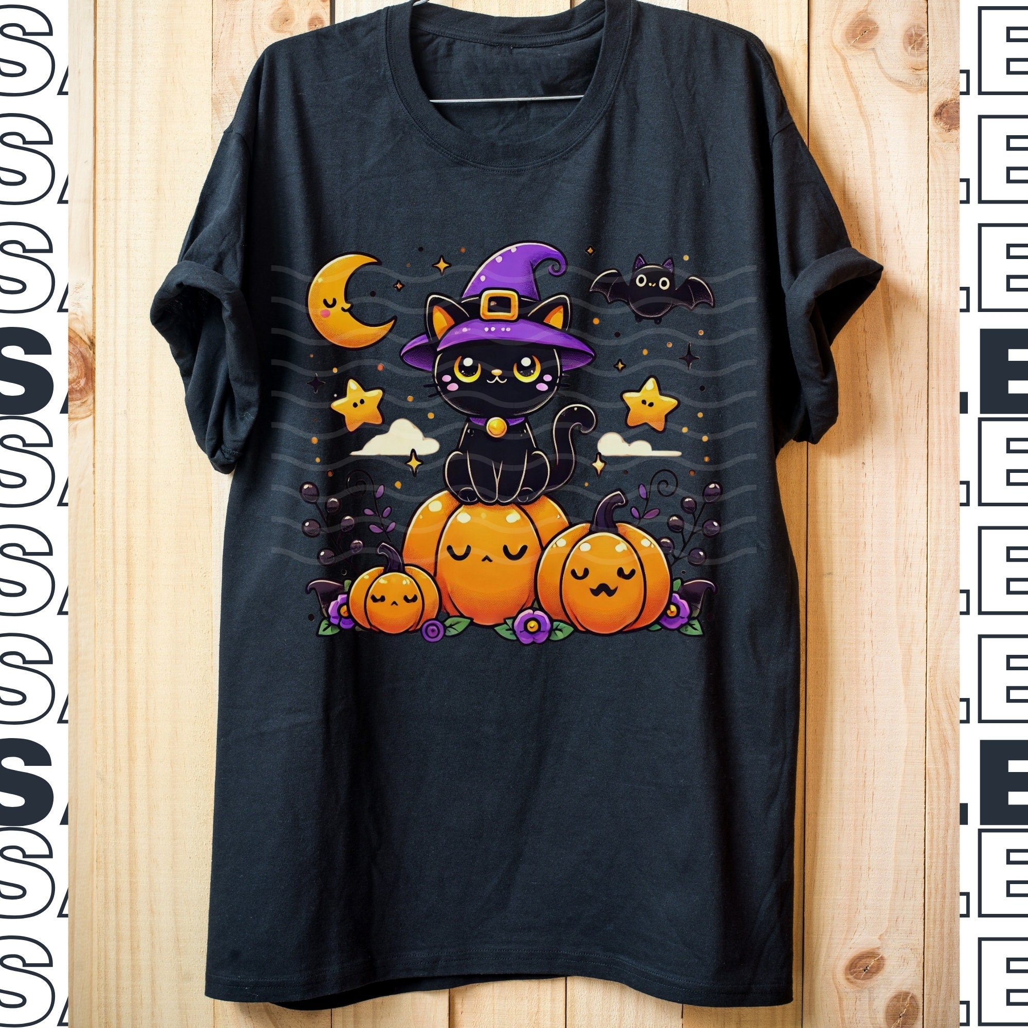 Cute Halloween Black Cat PNG - Kawaii Witch Cat on Pumpkins - Digital ...
