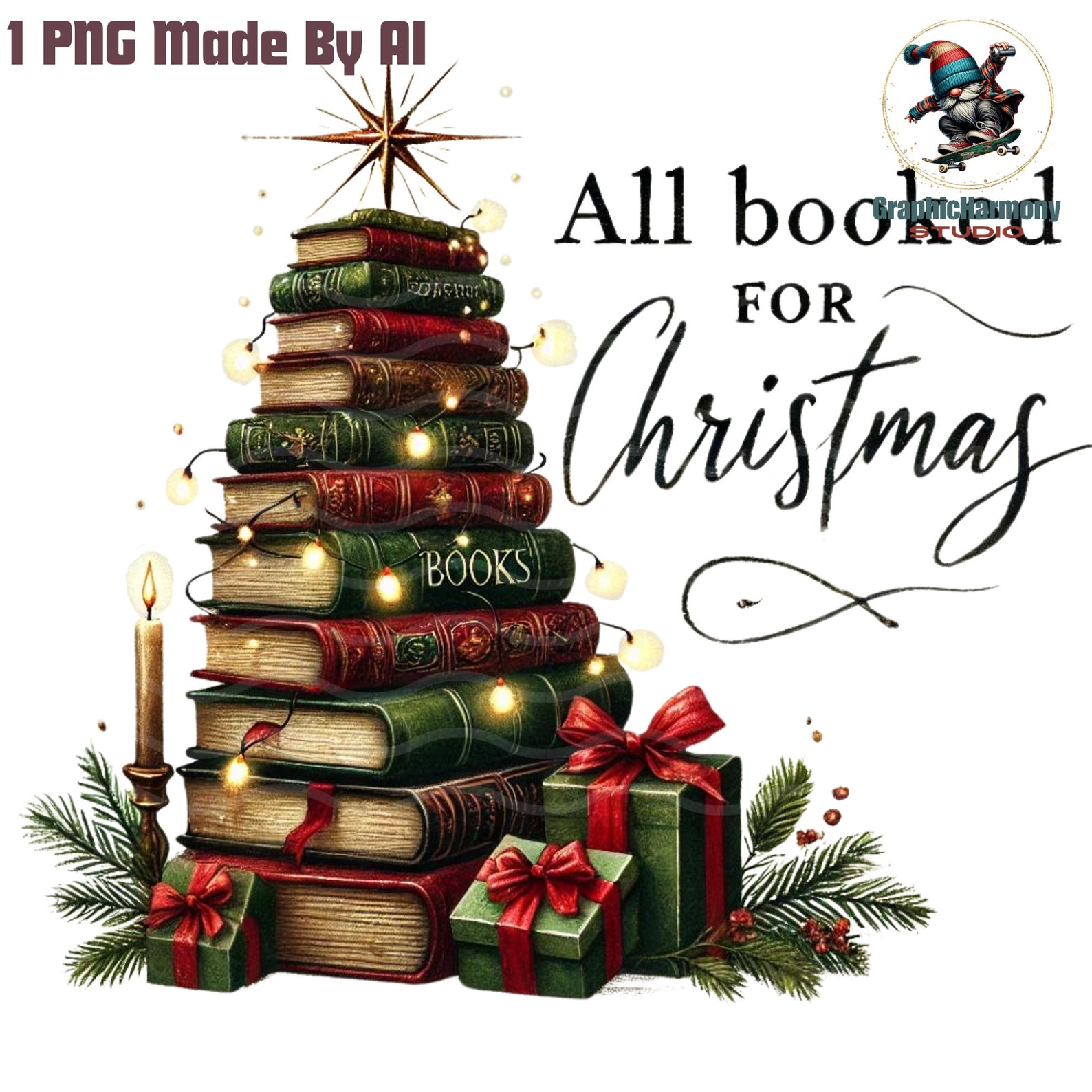 Christmas Book Tree Clipart, All Booked for Christmas PNG, Book Lover ...