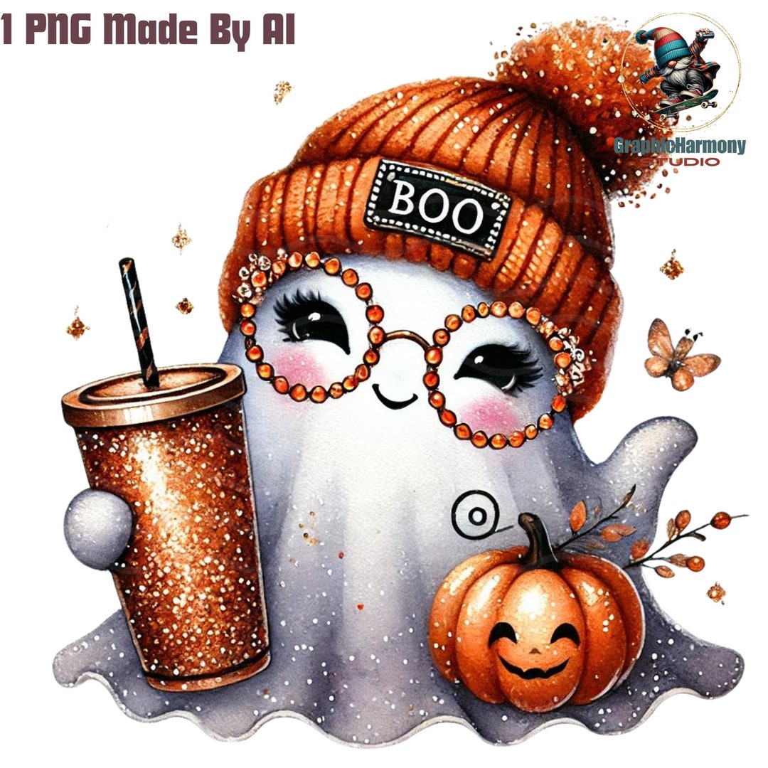 Fall Cute Ghost With Rhinestone Glasses and Pumpkin Halloween PNG ...