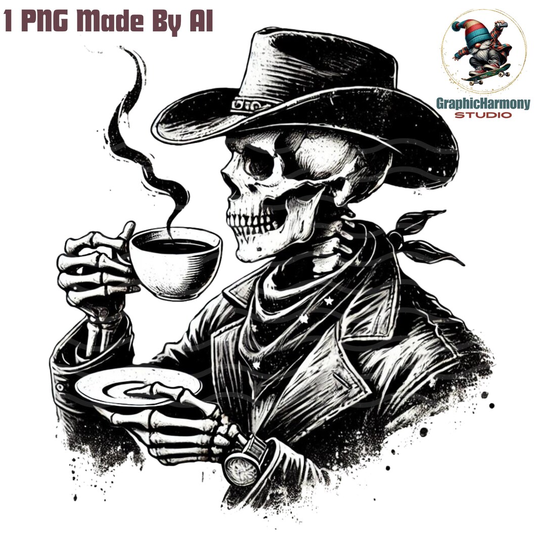 Skeleton Cowboy Drinking Coffee PNG Gothic Western Skull Clipart ...