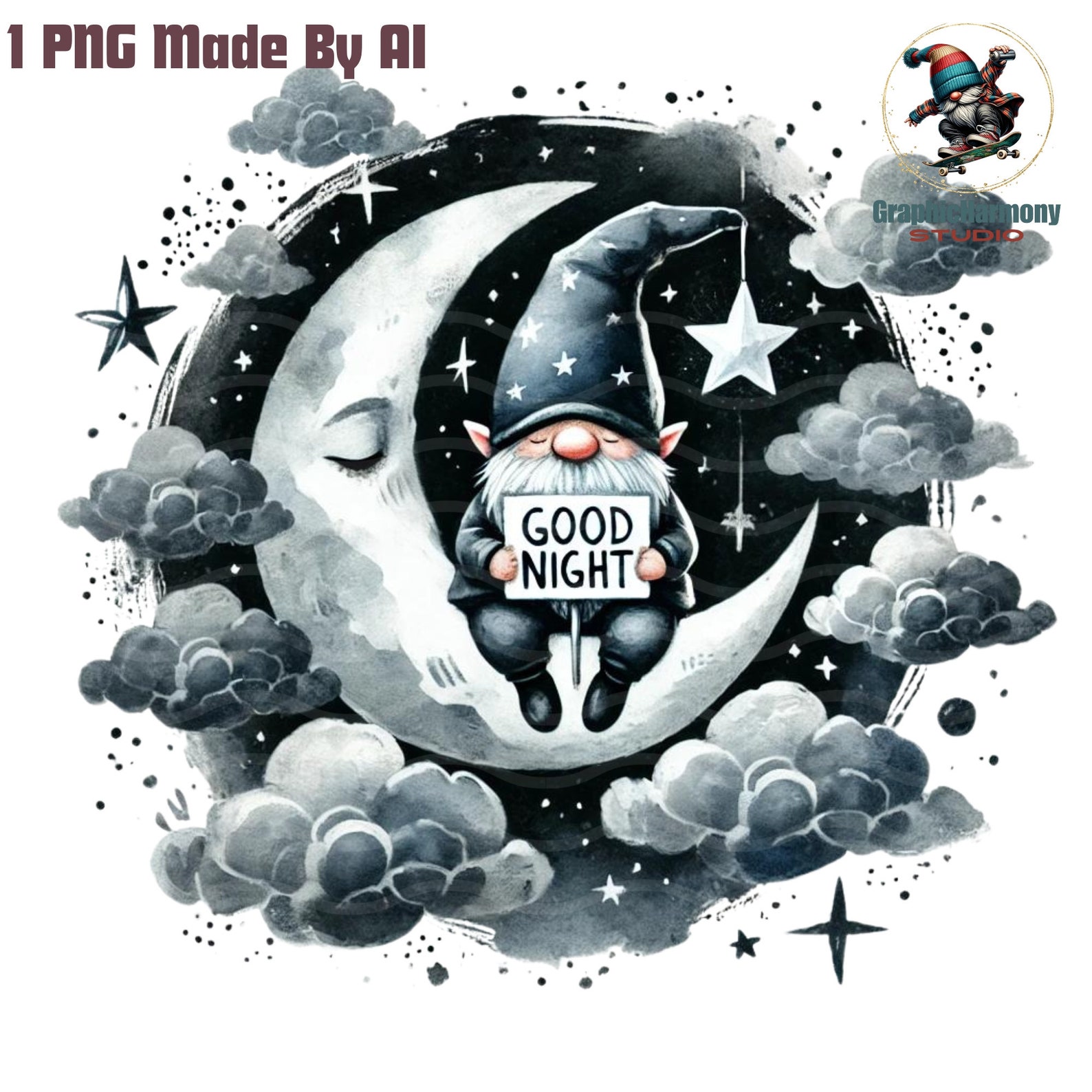 Whimsical Good Night Gnome Art - Sleepy Moon and Stars Scene, Cute ...