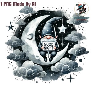 Whimsical Good Night Gnome Art - Sleepy Moon and Stars Scene, Cute Fantasy Digital Art Print for ...