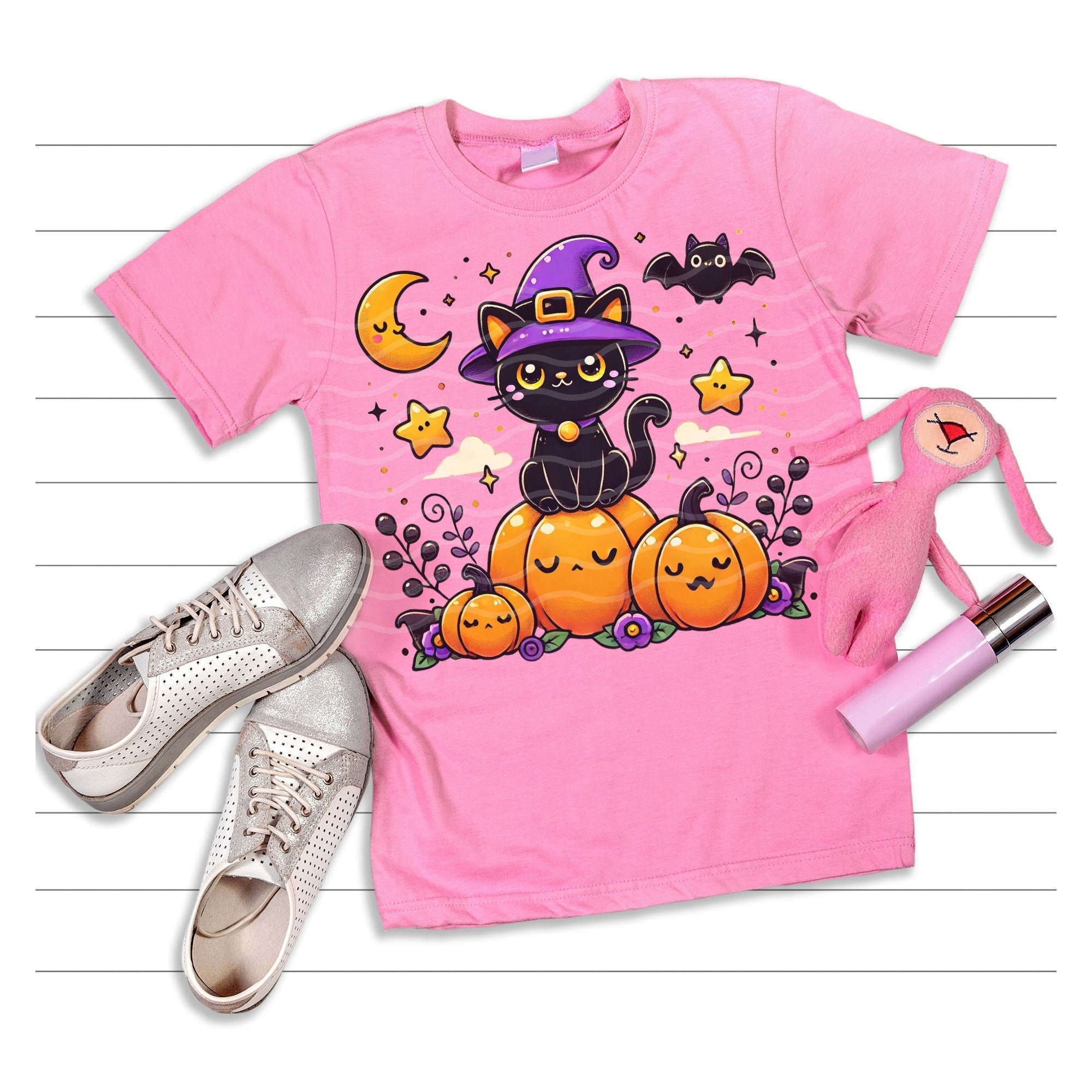 Cute Halloween Black Cat PNG - Kawaii Witch Cat on Pumpkins - Digital ...