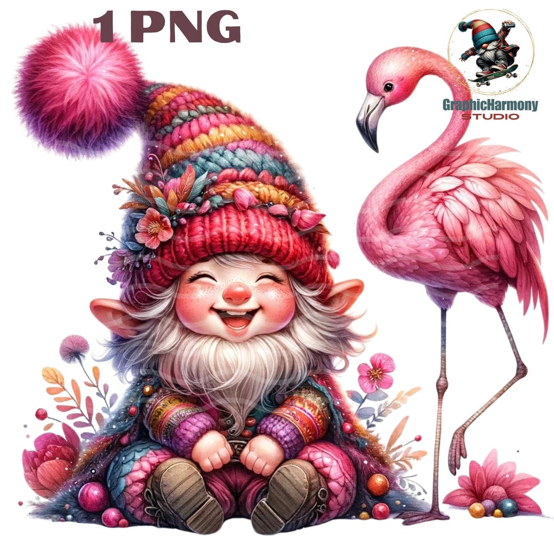Joyful Flamingo Gnome Clipart Colorful Garden Gnome With Flamingo PNG ...