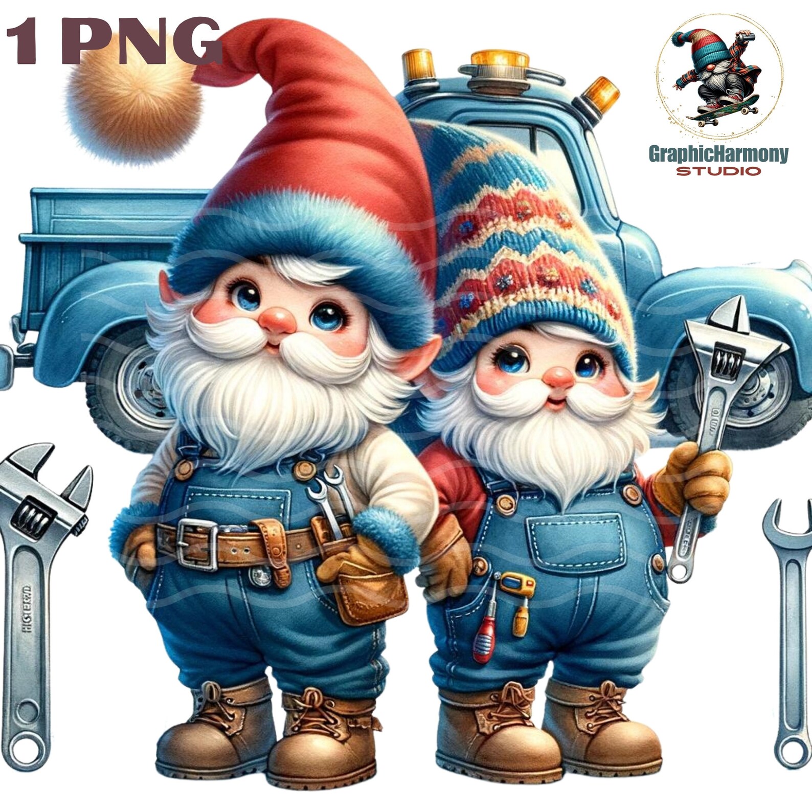 Mechanic Gnome Digital Clipart PNG - Cute Gnome Mechanics With Tools ...