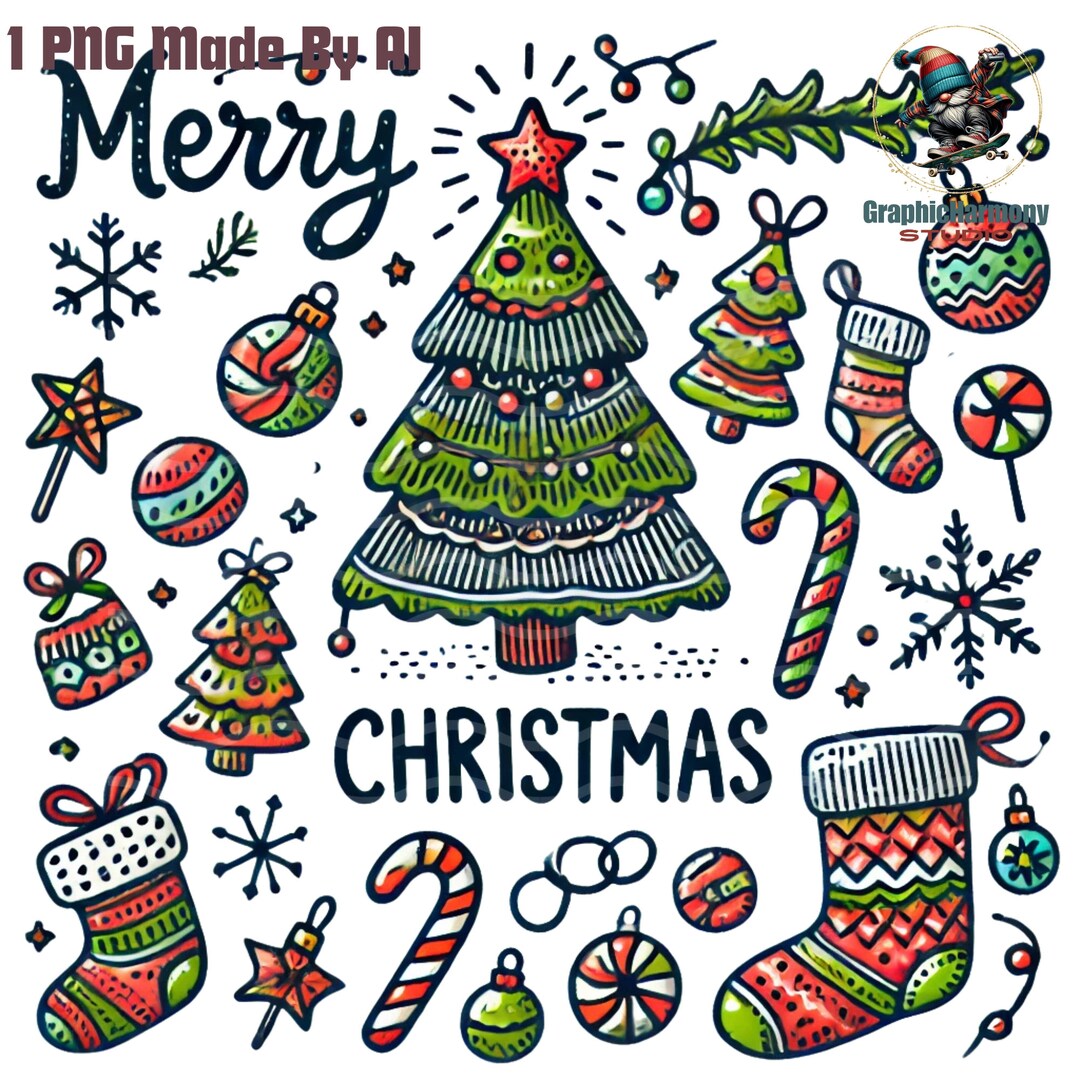 Christmas Doodles Clipart PNG, Festive Christmas Tree, Candy Cane ...