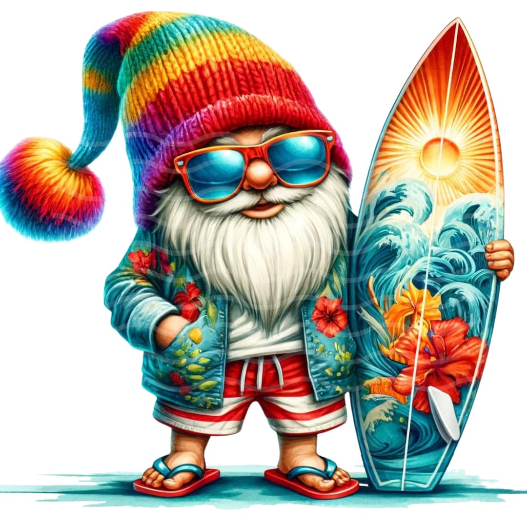 Surf's up Gnome Clipart Tropical Summer Gnome PNG, Vibrant Digital ...